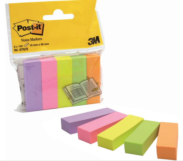 Post-it Notes Markers - Neon farver, 15mm x 50mm, 5 blokke á 100 blade